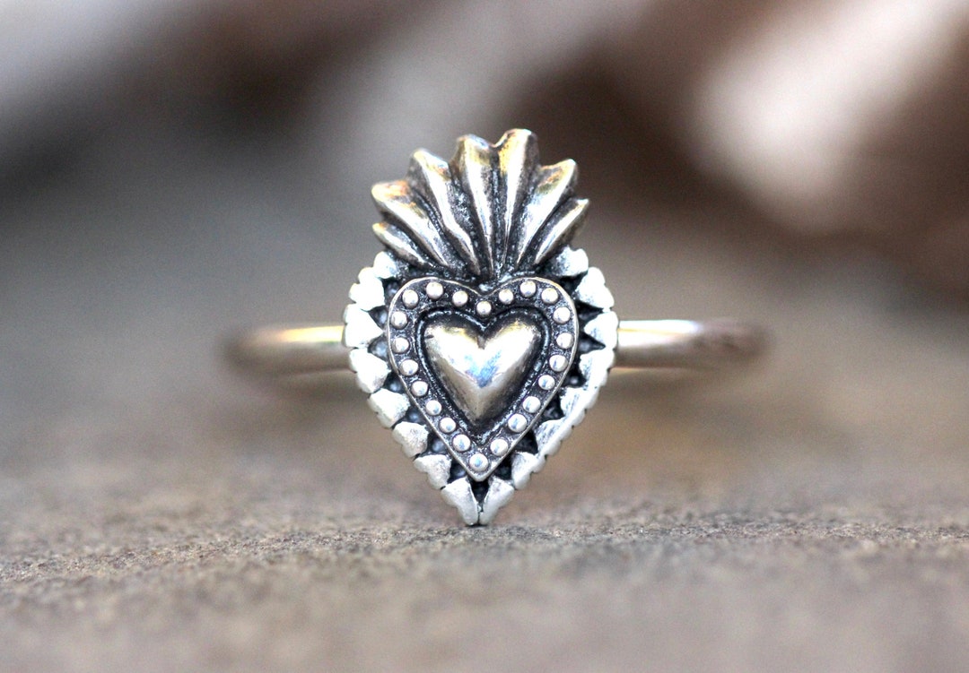 Sacred Heart Ring Sacred Heart Jewelry Heart Milagro Ring Flaming Heart ...