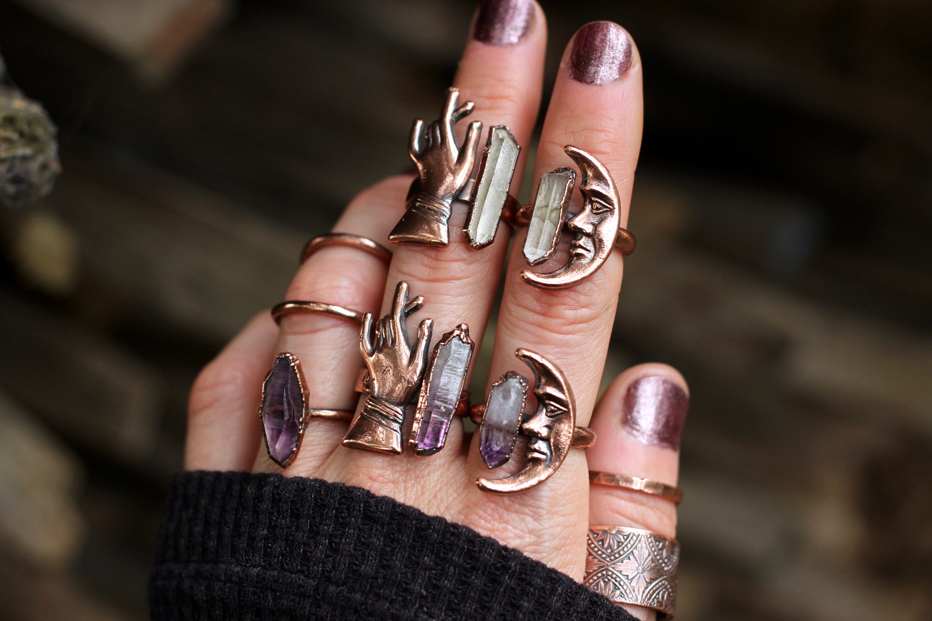 Raw Crystal Ring Witch Ring Tarot Ring Raw Stone Ring Magic Hands Ring ...