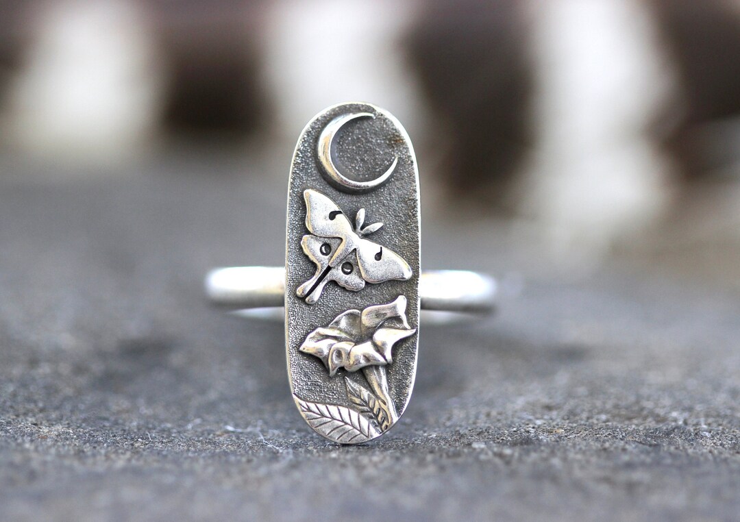 Sterling Silver Luna Moth Ring Moon Ring Morning Glory Ring Moonflower Ring Moon Moth Ring Witch ...