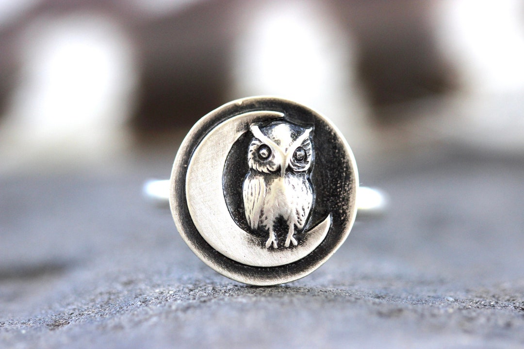 Owl Ring Sterling Silver Owl Ring Silver Moon Ring Witch Ring Moon Owl ...