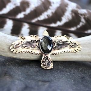 Raven Necklace Brass Raven Pendant Gold Sheen Obsidian Pendant Crow ...
