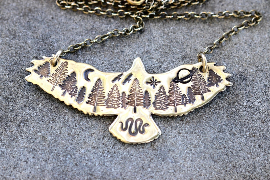 Brass Hawk Necklace Thunderbird Necklace Forest Necklace Celestial ...