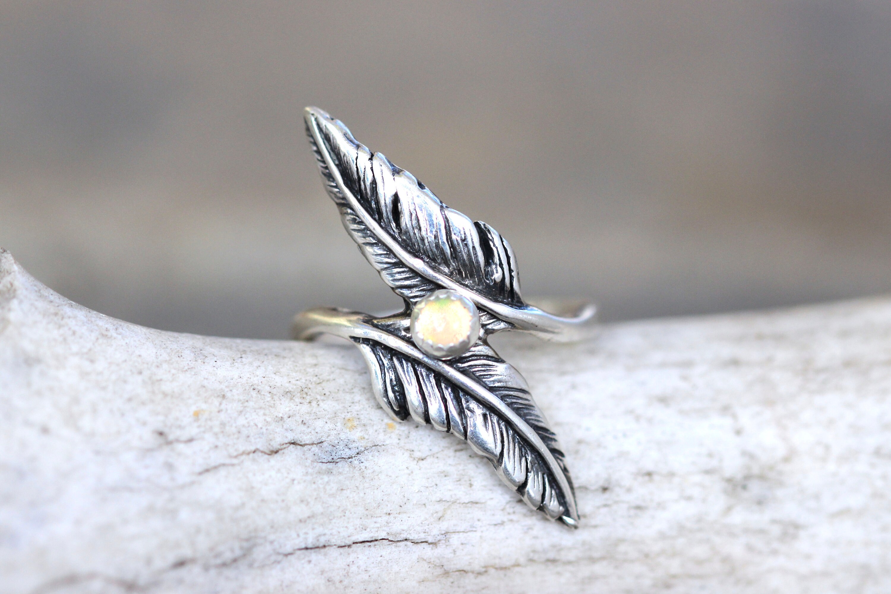 Silver Feather Ring Feather Wrap Ring Sterling Silver Opal Ring Wrap ...