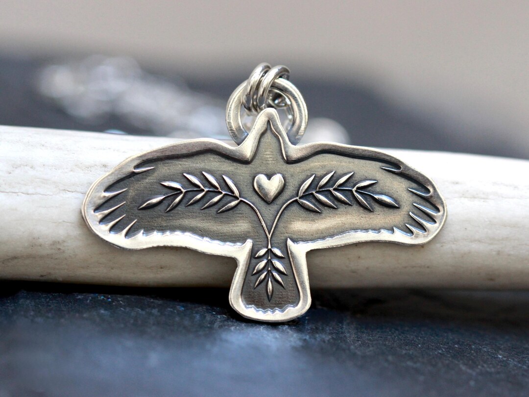 Sterling Silver Raven Necklace Crow Necklace Hawk Necklace Heart and ...