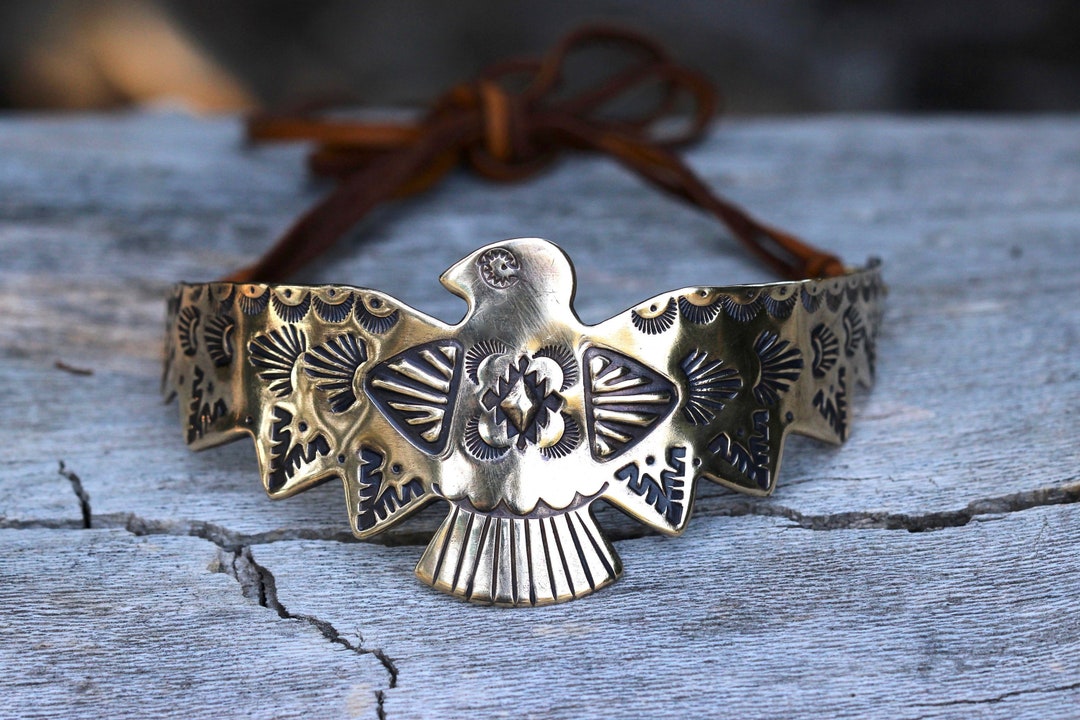 Stamped Brass Hawk Necklace Bird Choker Necklace Brass and Leather ...