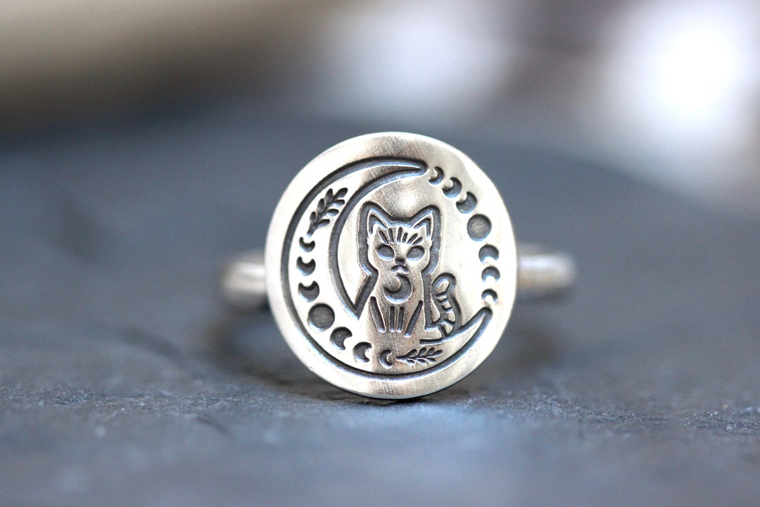 Sterling Silver Cat Ring Celestial Cat Ring Moon Phase Ring Mystic ...