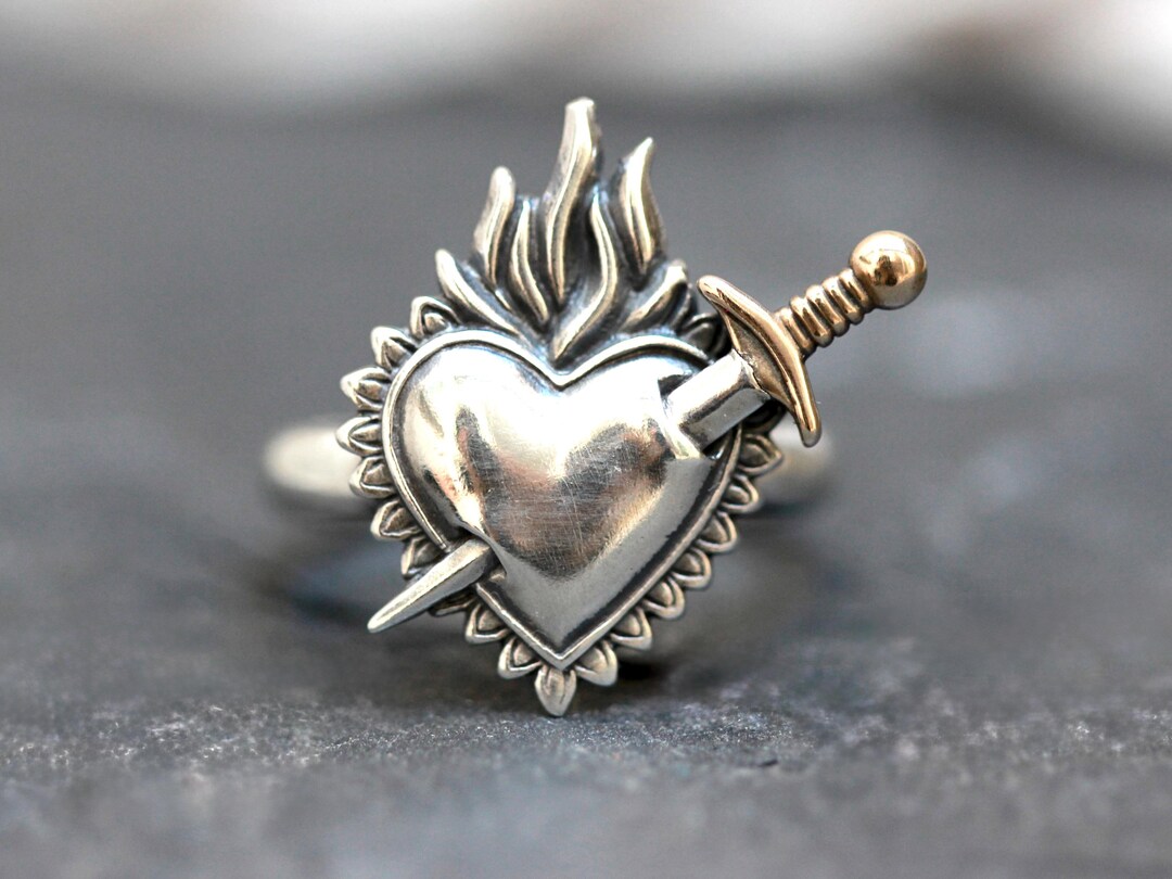 Sterling Silver Sacred Heart Ring Brass and Silver Sacred Burning Heart ...