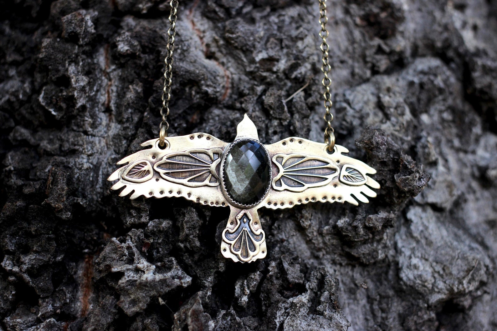 Raven Necklace Brass Raven Pendant Gold Sheen Obsidian Pendant Crow ...