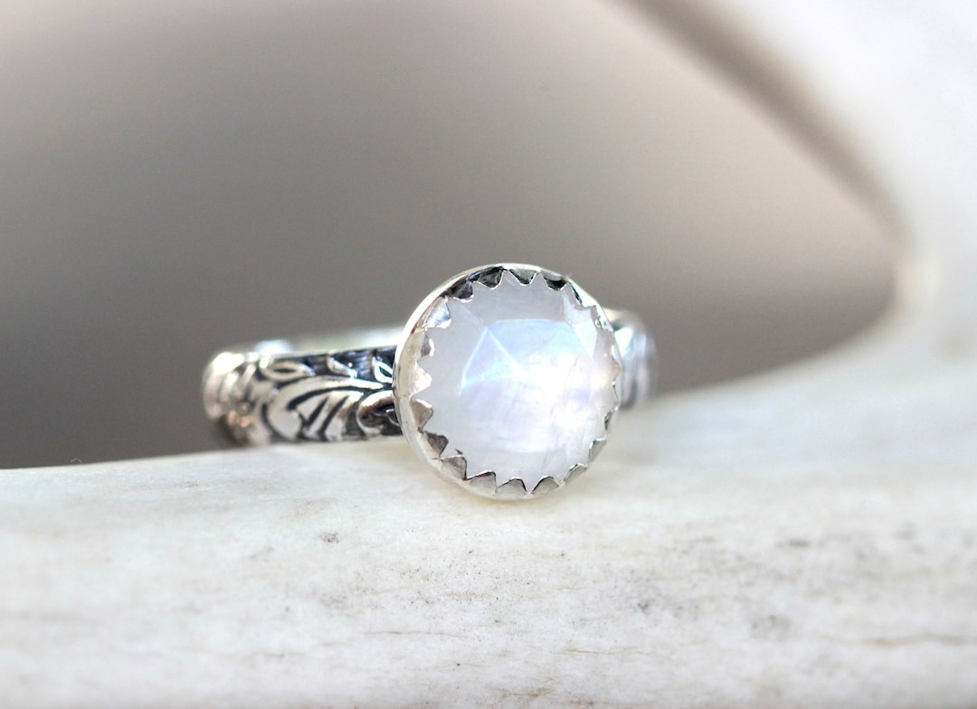 Moonstone Ring Sterling Silver Rainbow Moonstone Stacking Ring Floral ...