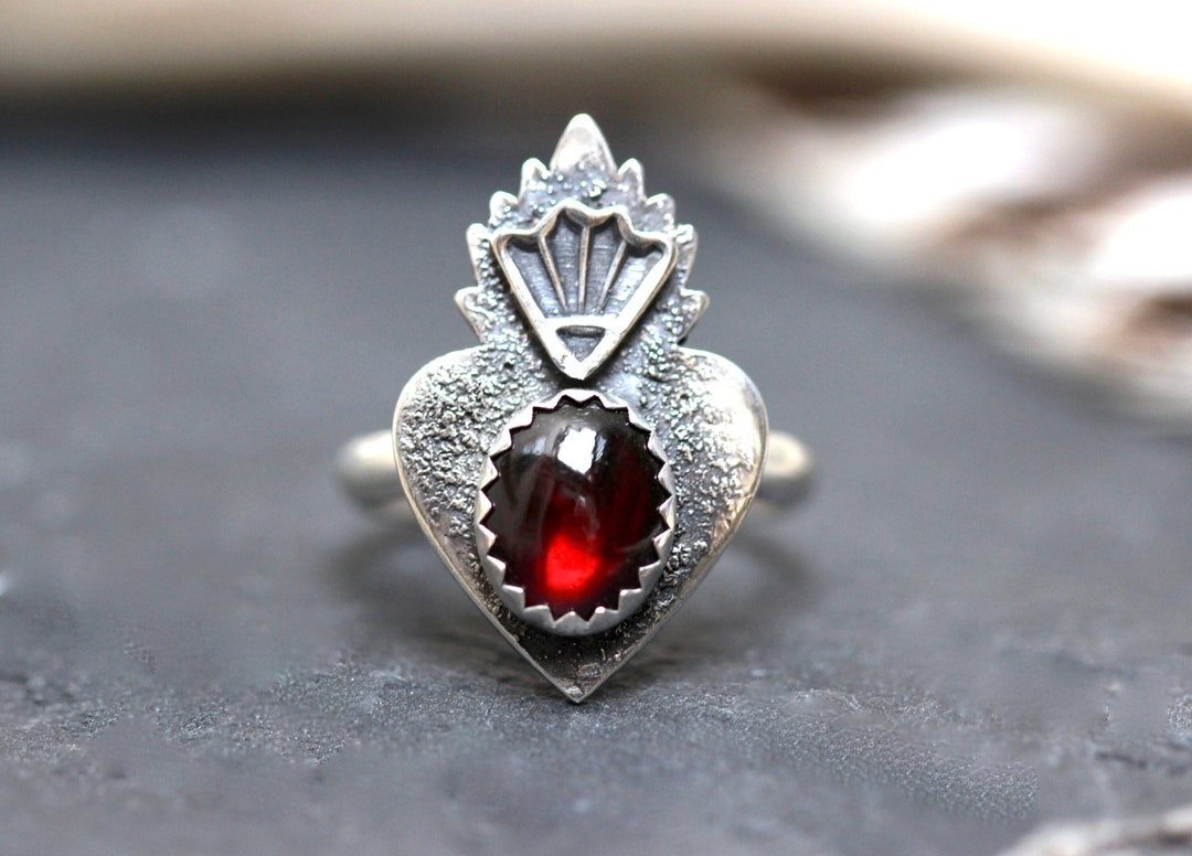 Silver Sacred Heart Ring Garnet Ring Sterling Silver Milagro Heart Ring ...
