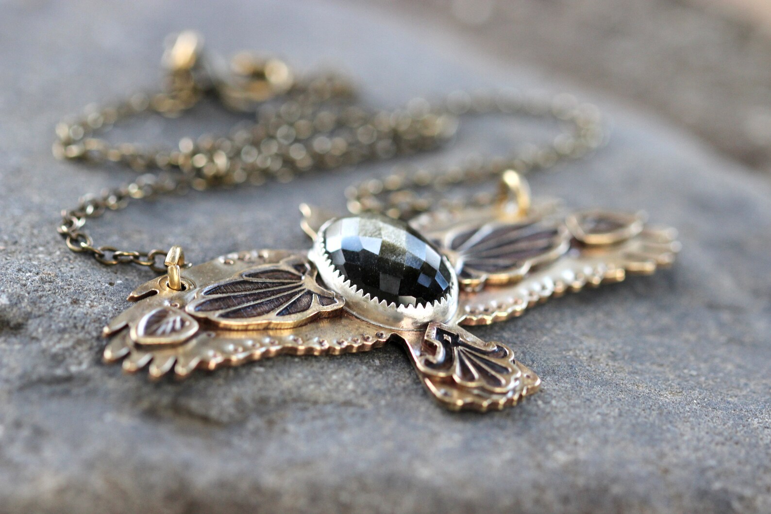 Raven Necklace Brass Raven Pendant Gold Sheen Obsidian Pendant Crow ...