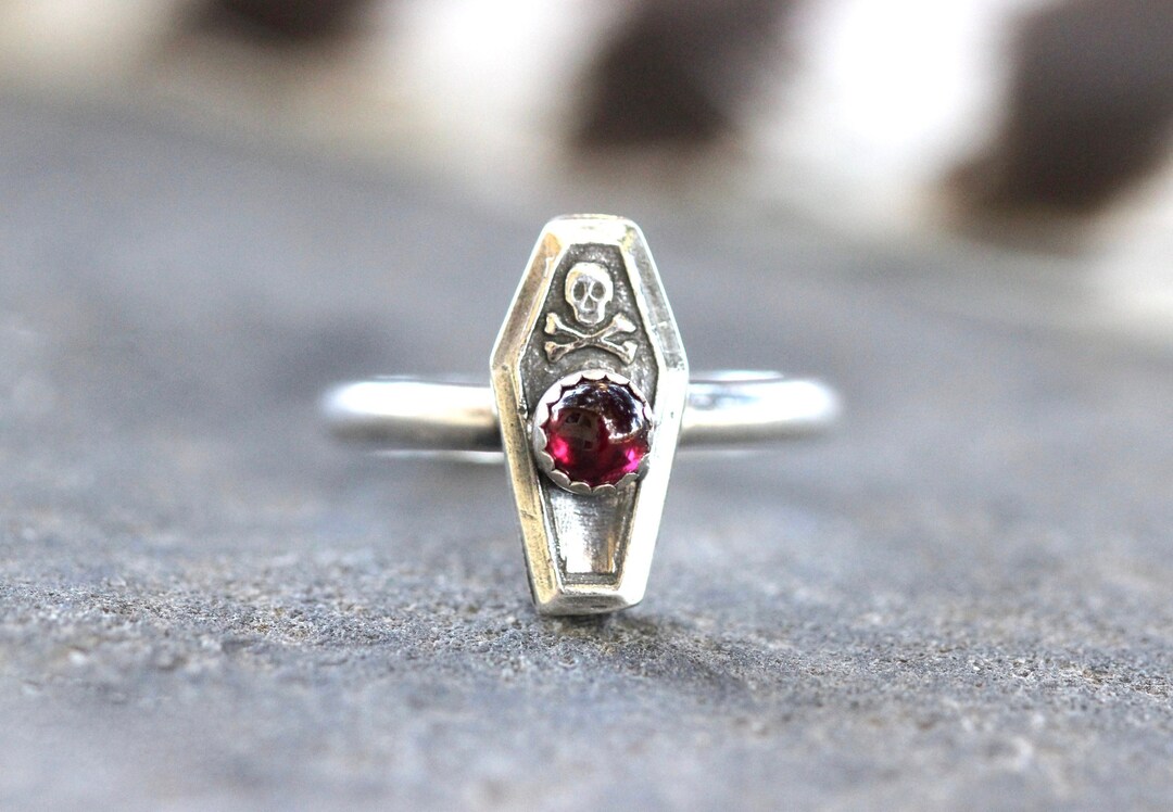 Silver Coffin Ring Sterling Silver Coffin Ring Garnet Ring Skull and Crossbones Ring Halloween ...