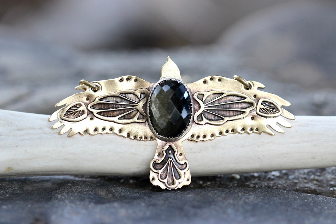 Raven Necklace Brass Raven Pendant Gold Sheen Obsidian Pendant Crow ...