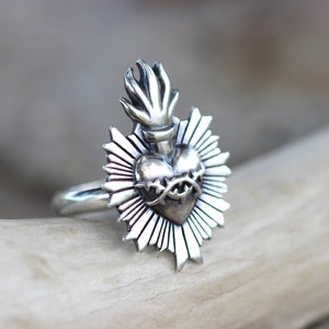 Silver Sacred Heart Ring Sterling Silver Sacred Burning Heart Ring ...