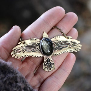 Raven Necklace Brass Raven Pendant Gold Sheen Obsidian Pendant Crow ...