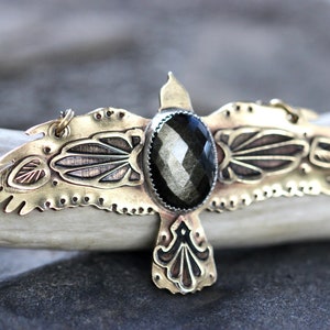 Raven Necklace Brass Raven Pendant Gold Sheen Obsidian Pendant Crow ...