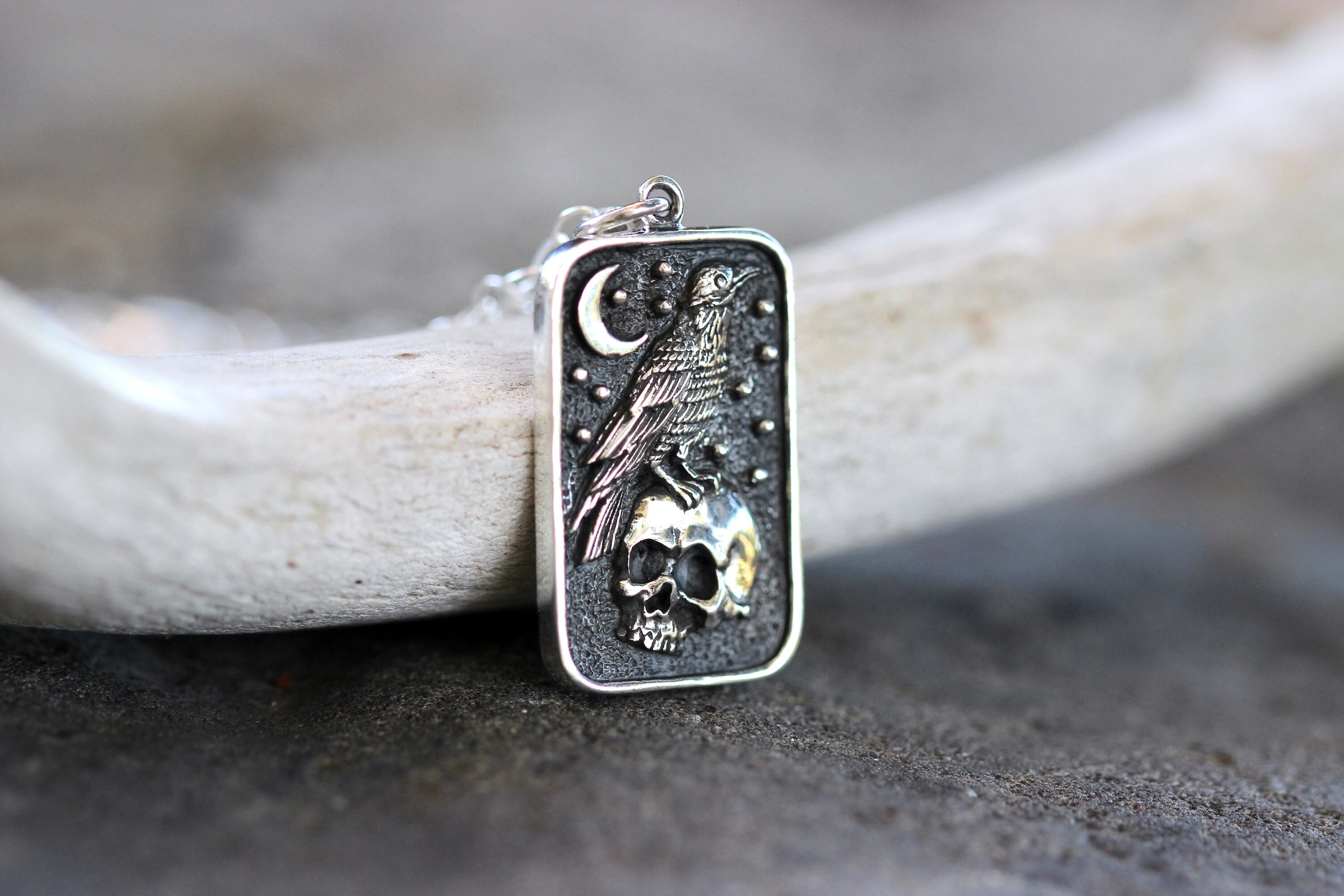 Raven Charm Sterling Silver Raven Pendant Skull Necklace Witch - Etsy