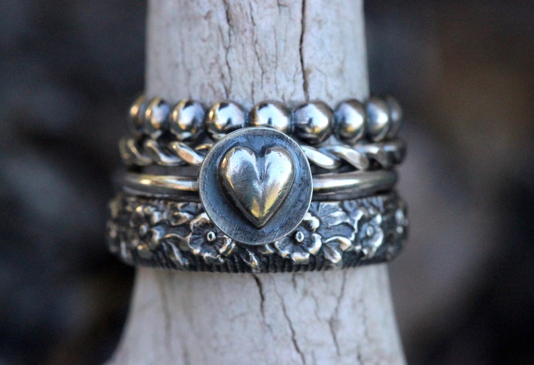 Silver Heart Ring Set Stacking Rings Set Sterling Silver Stacking Rings ...