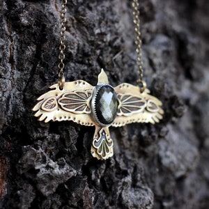Raven Necklace Brass Raven Pendant Gold Sheen Obsidian Pendant Crow ...