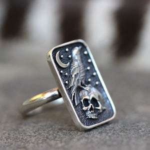 Raven Ring Skull Ring Crow Ring Sterling Silver Raven Ring Moon Ring ...