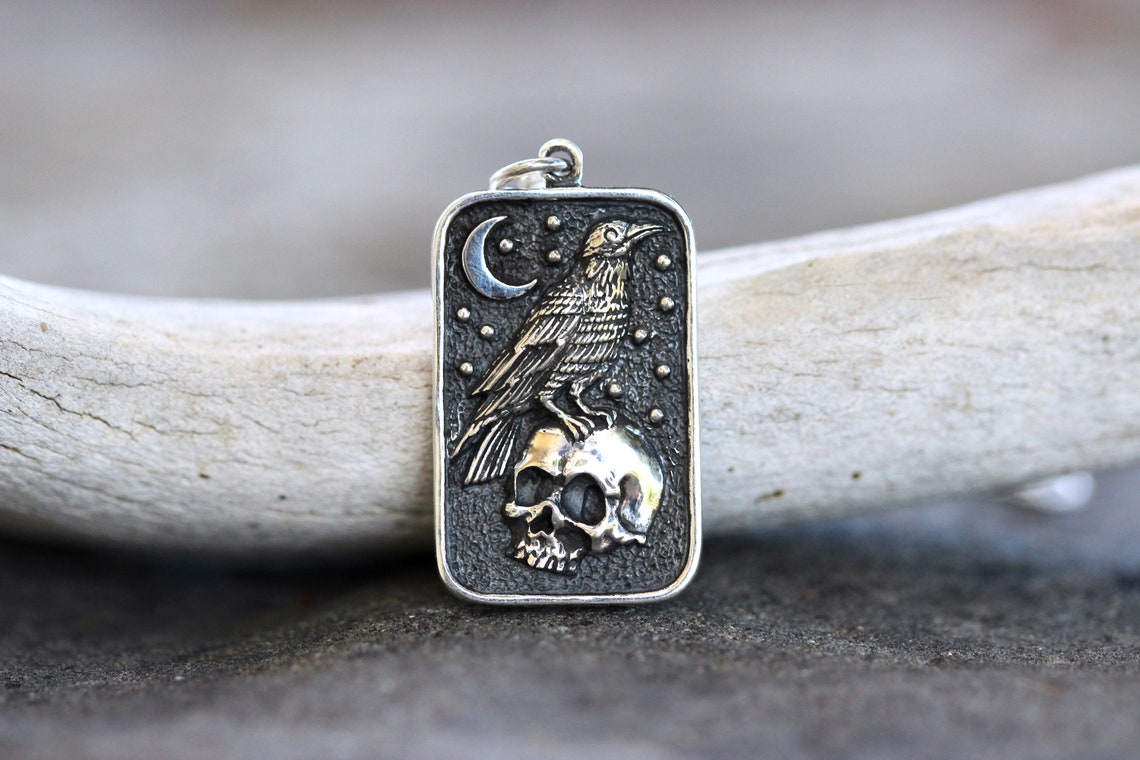 Raven Charm Sterling Silver Raven Pendant Skull Necklace Witch - Etsy