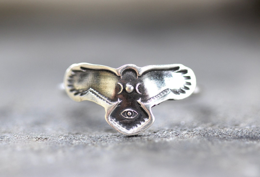 Sterling Silver Raven Ring Celestial Ring Moonphase Ring Crow Ring Evil ...