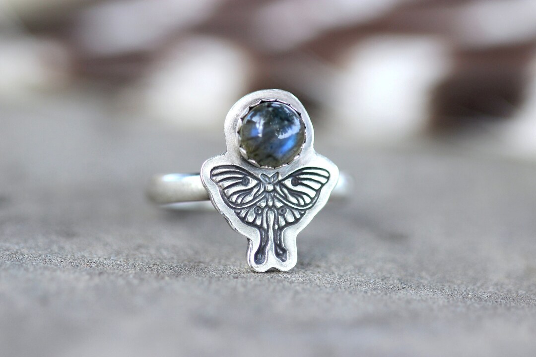 Sterling Silver Luna Moth Ring Labradorite Ring Luna Moth Jewelry Insect Ring Entomology Ring ...
