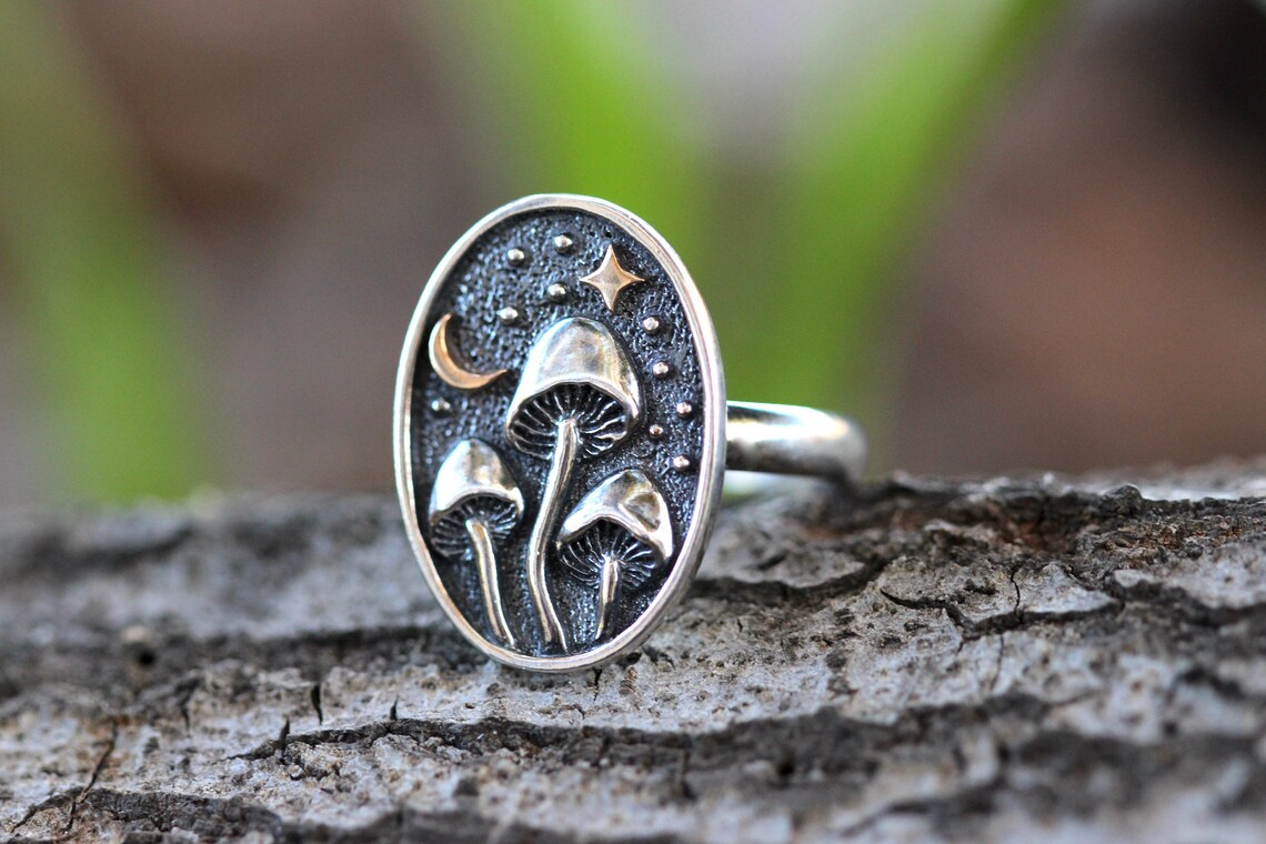 Mushroom Ring Sterling Silver Mystic Mushroom Ring Moon Ring | Etsy