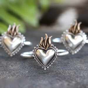 Sacred Heart Ring Sacred Heart Jewelry Heart Milagro Ring Flaming Heart ...