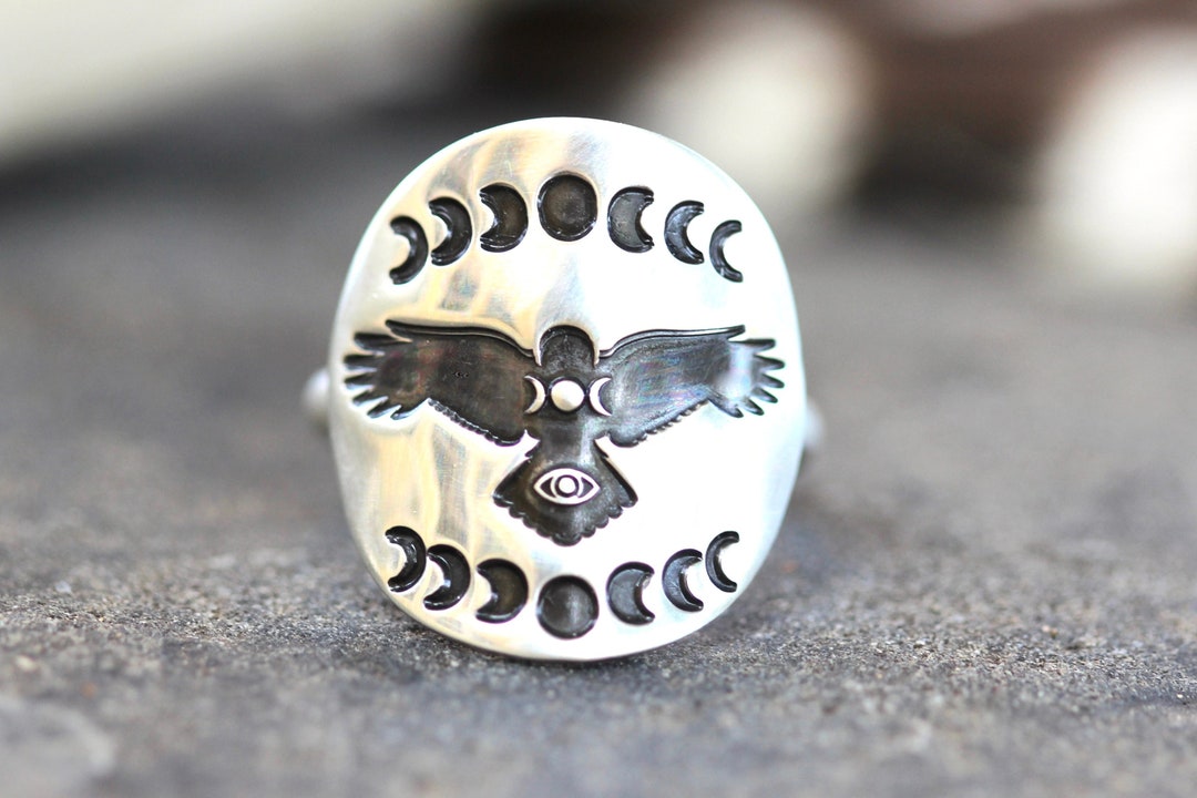 Silver Raven Ring Sterling Silver Celestial Ring Moon Phase Ring Evil ...