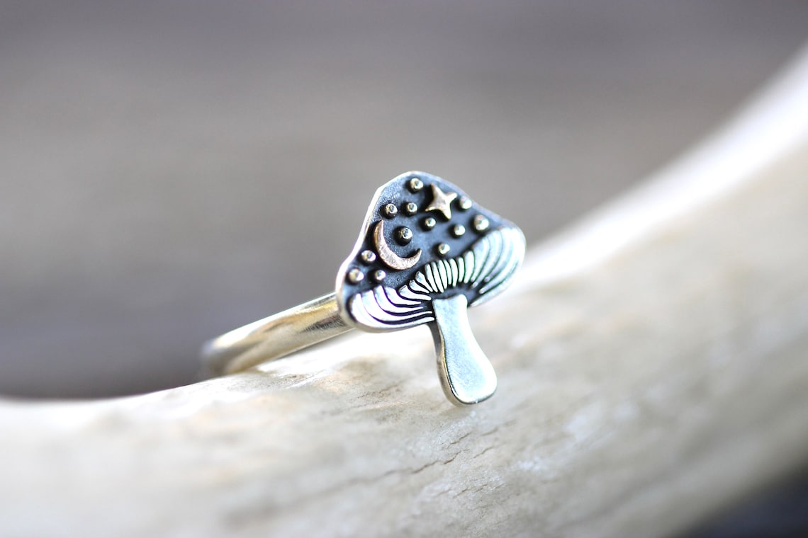 Mushroom Ring Sterling Silver Mystic Mushroom Ring Moon Ring - Etsy