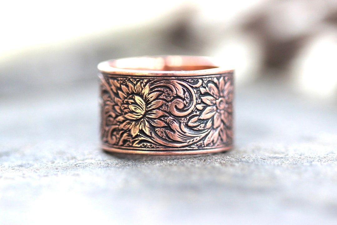 Copper Ring Thumb Ring Thick Ring Copper Flower Ring Wide Band Ring ...