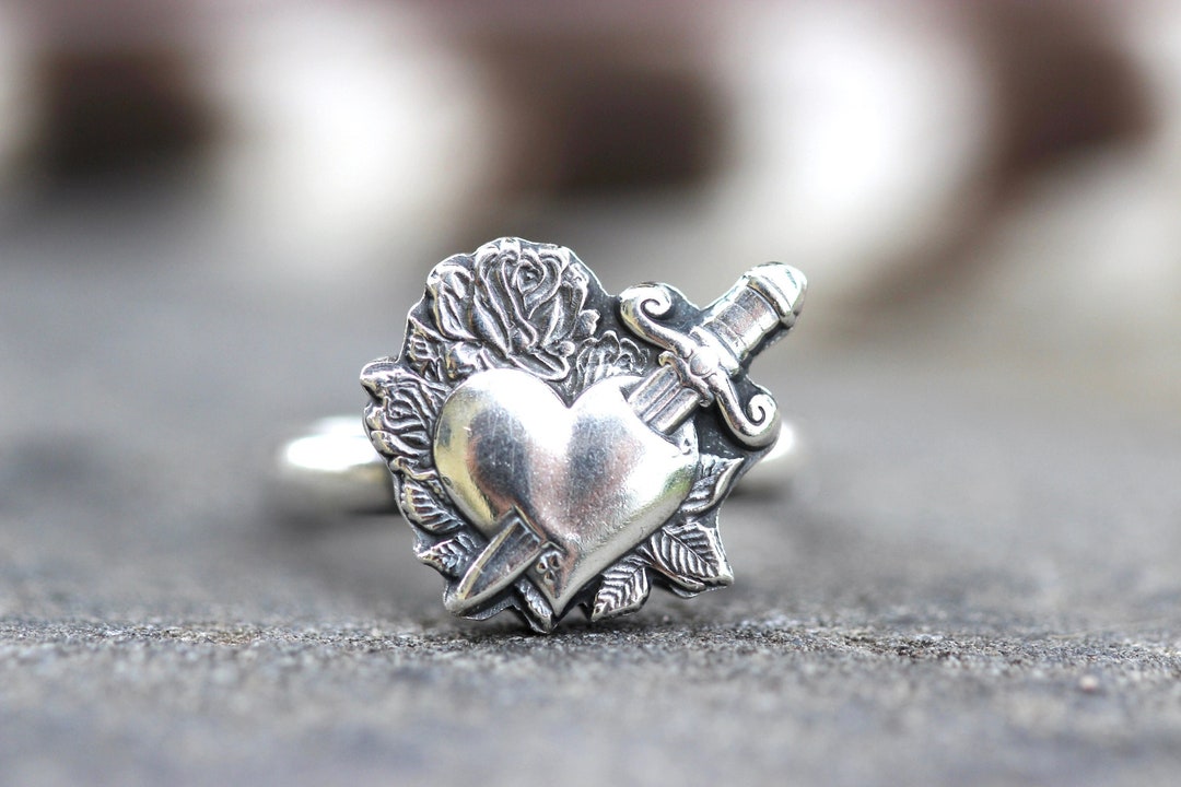 Sacred Heart Ring Sterling Silver Heart and Dagger Ring Sacred Burning ...