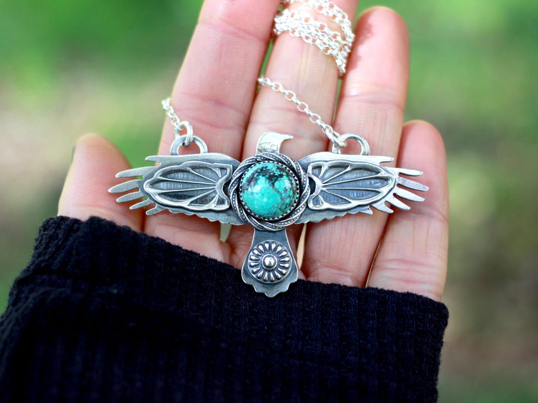 Sterling Silver Turquoise Necklace Hawk Necklace Thunderbird Necklace ...