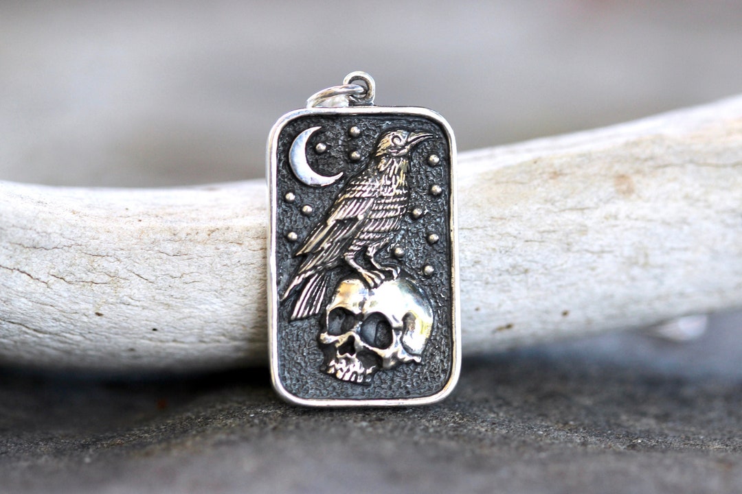 Raven Charm Sterling Silver Raven Pendant Skull Necklace Witch Necklace ...