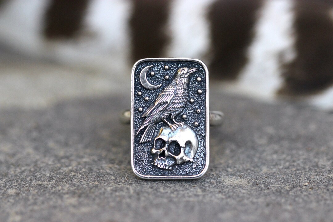 Raven Ring Skull Ring Crow Ring Sterling Silver Raven Ring Moon Ring ...