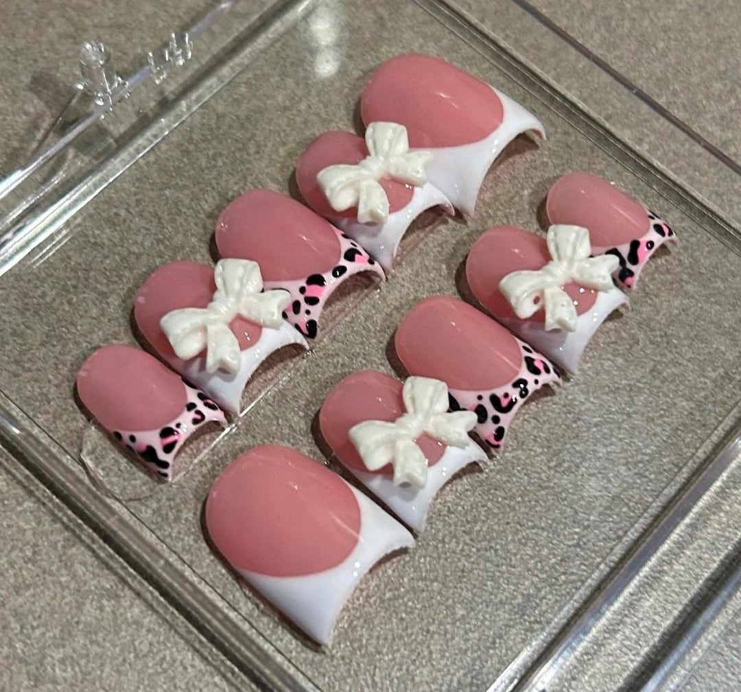 Pink Leopard French Tip Press on Nails, Short Square With Bows - Etsy