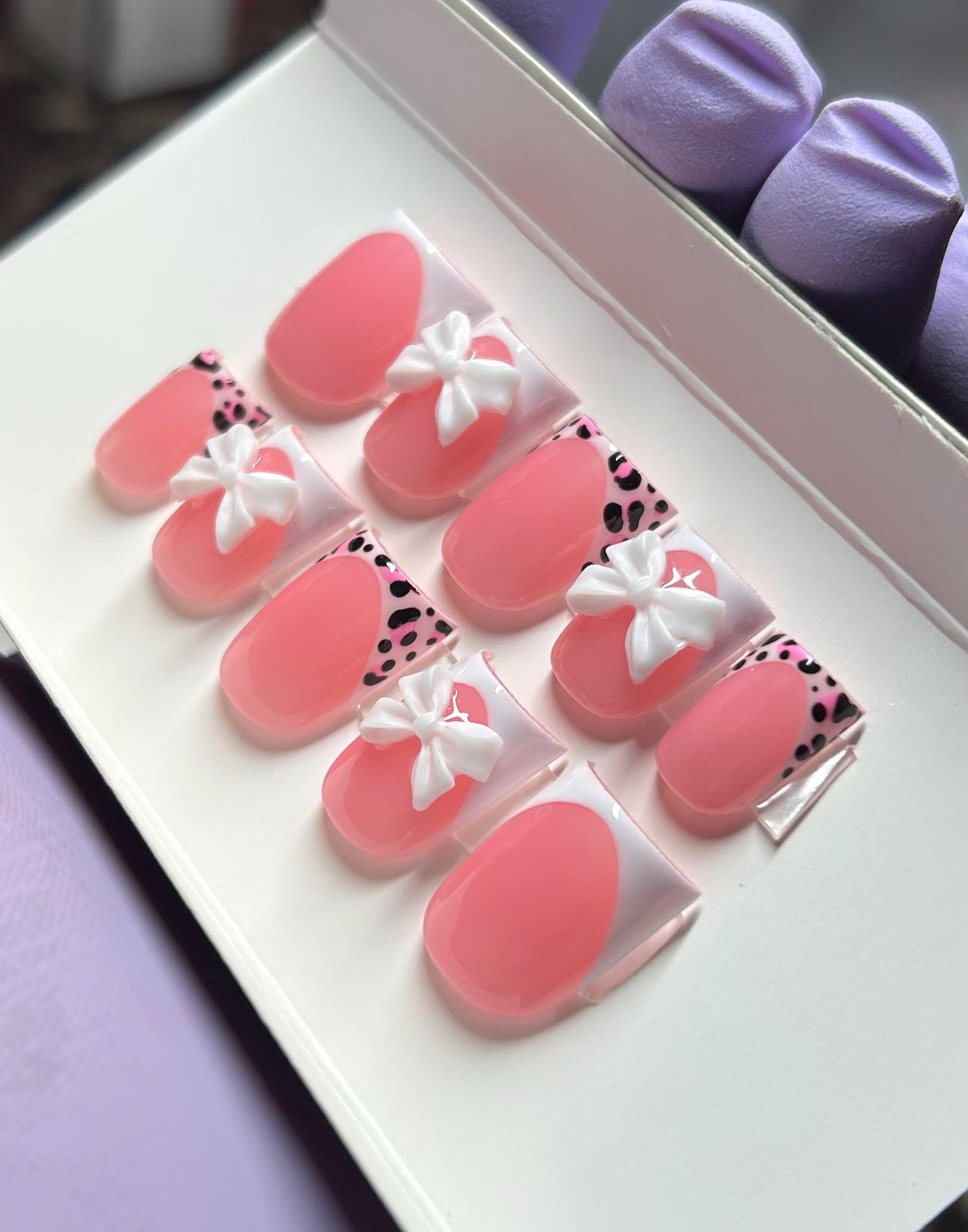 Pink Leopard French Tip Press on Nails, Short Square With Bows - Etsy