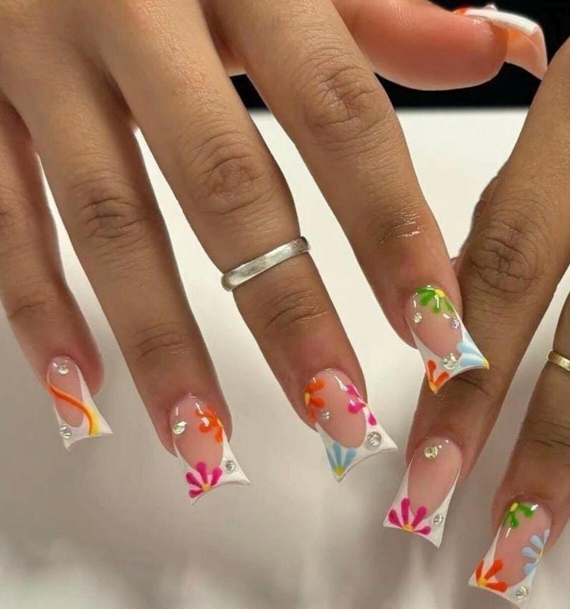 French Tip Duck Nails, Spring Flowers, Rhinestone Accents - Etsy