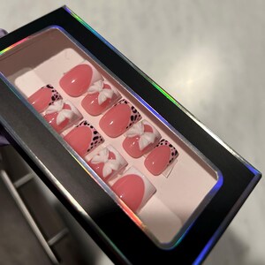 Pink Leopard French Tip Press on Nails, Short Square With Bows - Etsy