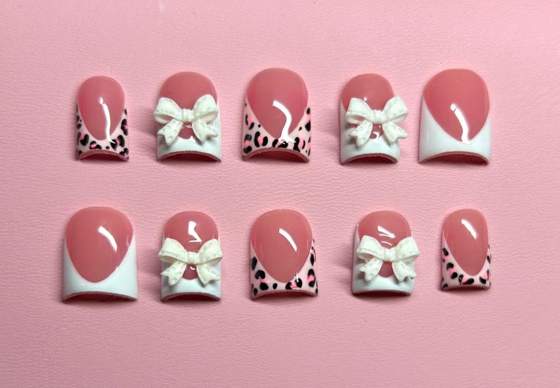 Pink Leopard French Tip Press on Nails, Short Square With Bows - Etsy