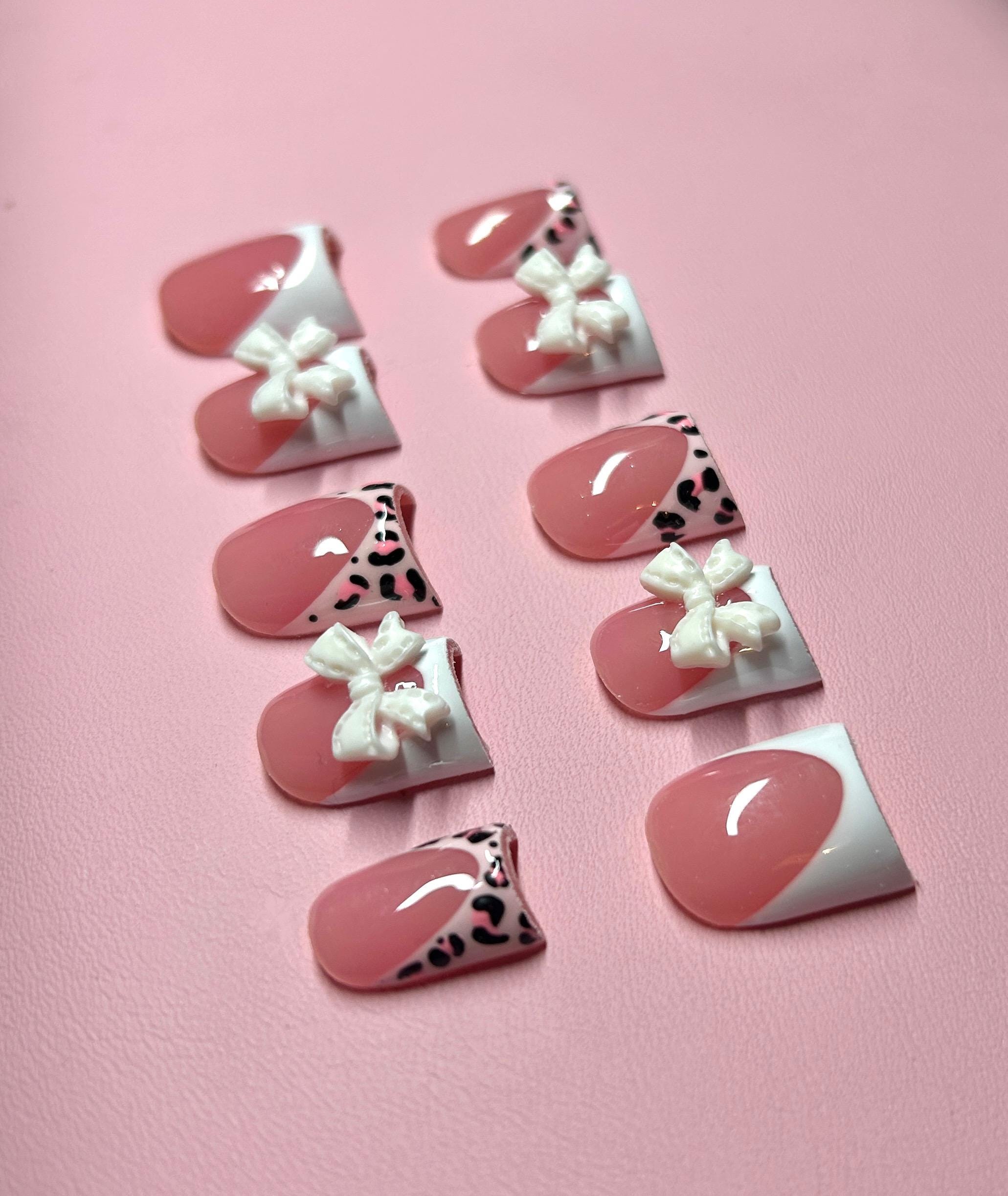 Pink Leopard French Tip Press on Nails, Short Square With Bows - Etsy