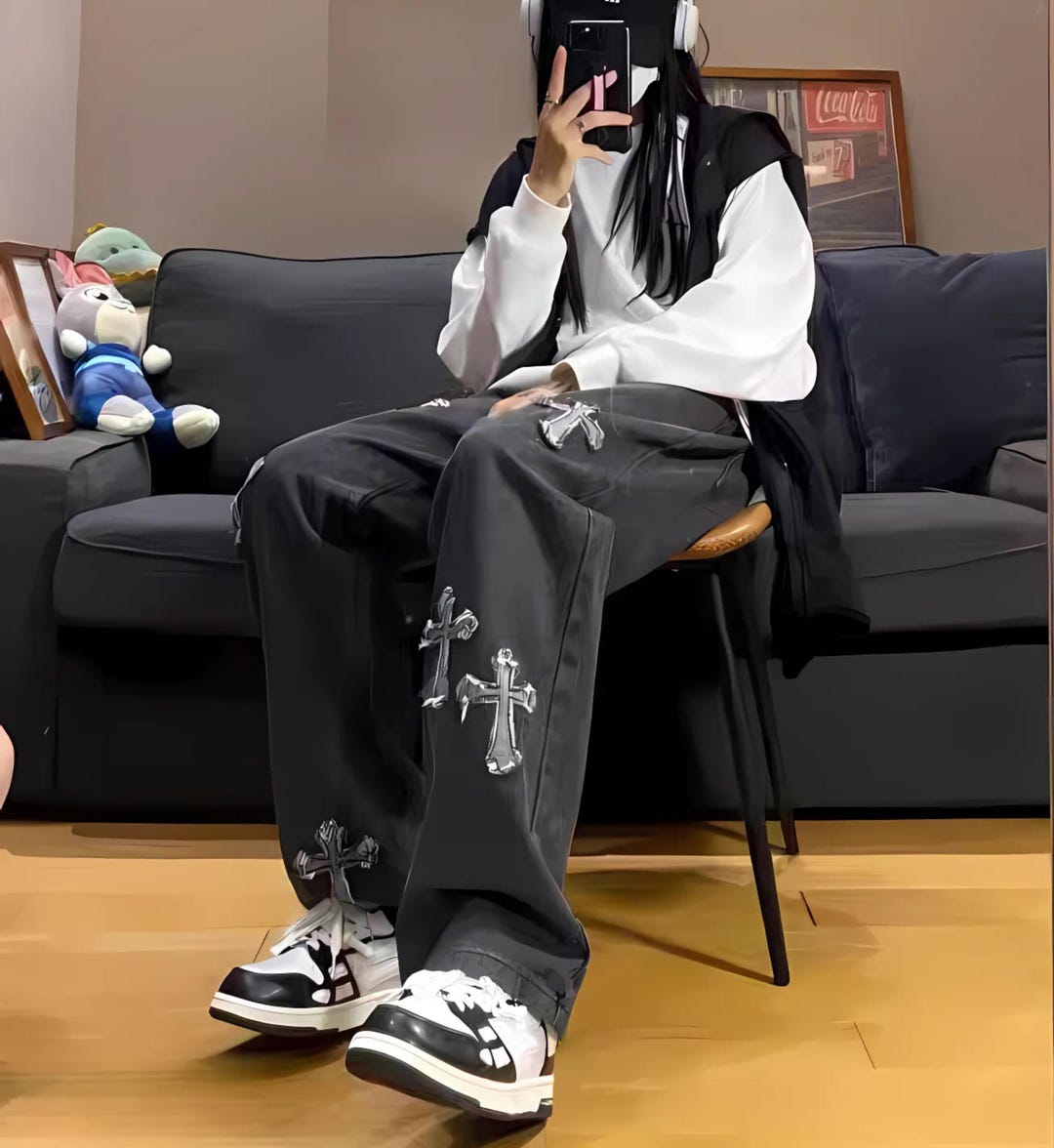 Y2K Coross Jeans Blue/black Baggy Cross Patch Embroidered Jeans Unisex ...