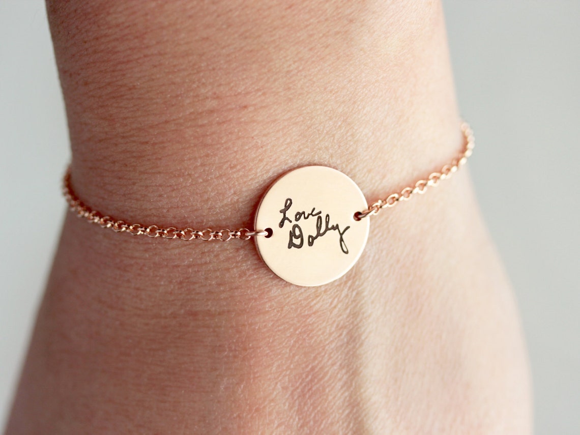 Handwriting Disc Bracelet Engraved Signature Bracelet Gold | Etsy