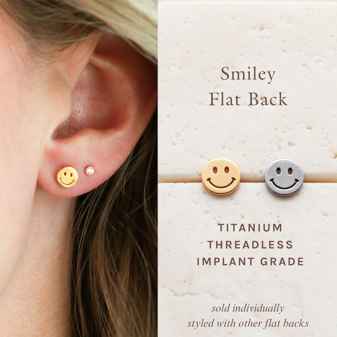 Smiley Face Threadless Stud – Titanium Flat Back Earring for Cartilage or Helix Piercing ...