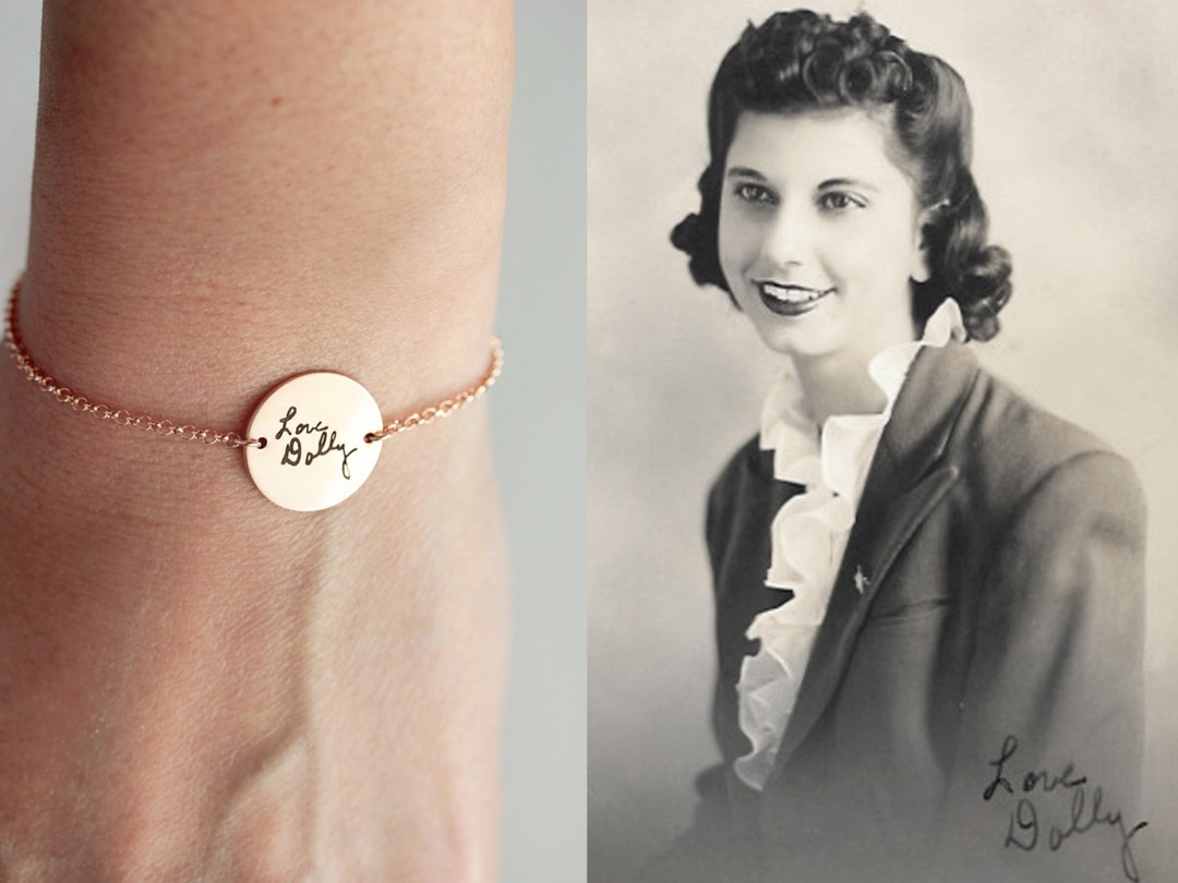 Handwriting Disc Bracelet - Engraved Signature Bracelet • Gold ...