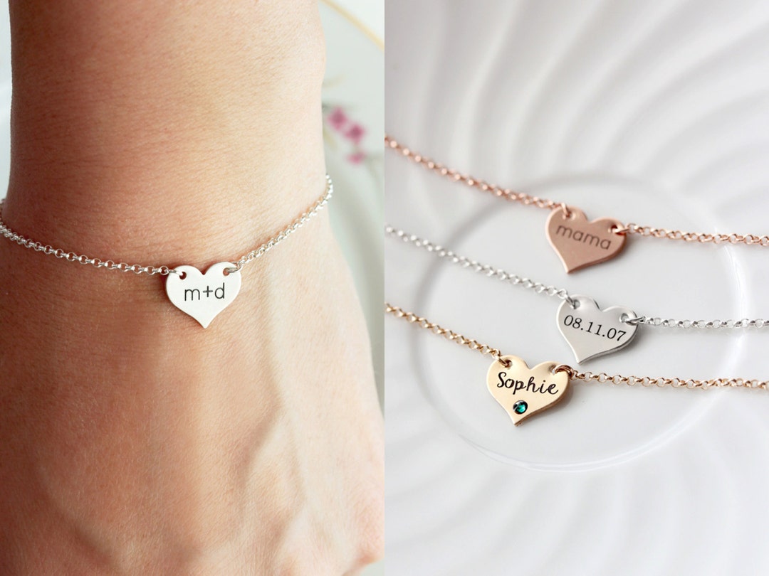 Engraved Heart Bracelet - Personalized Gift for Her, Dainty Layering ...