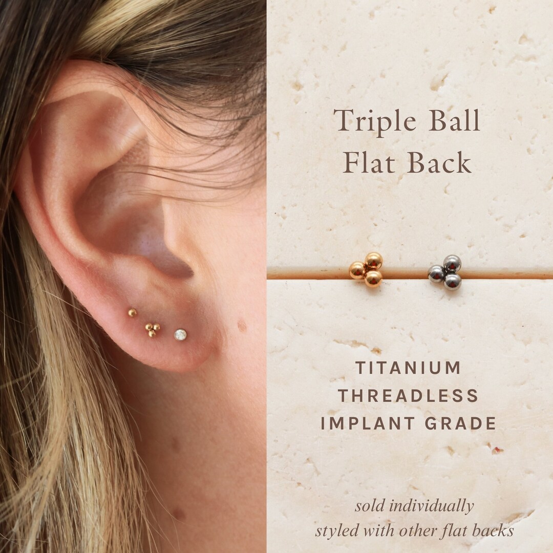 Triple Ball Flat Back Stud - Titanium Earrings, Threadless Push Pin ...