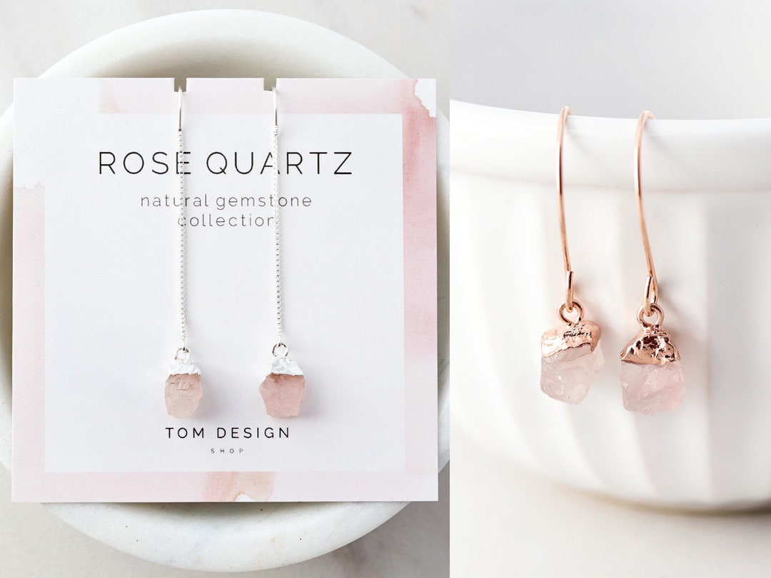 Rose Quartz Earrings Threader Earrings Rose Quartz Gemstone Gemstone Earrings October Birthday Gift for Her Rose Dangle GM1 Etsy