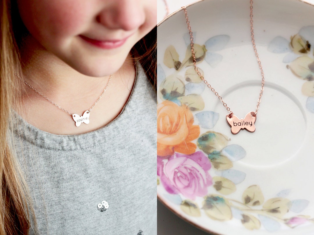 Children's Personalized Necklace - Butterfly Flower Girl Gift Custom ...